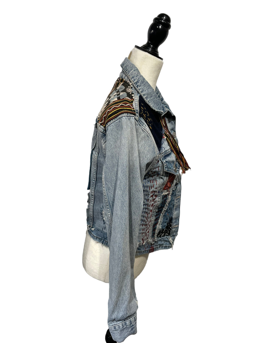 Denim Jacket with vintage textiles – Lilith’s Garden